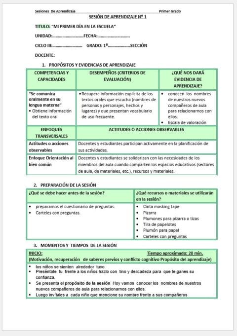 SesiÓn De Aprendizaje Primer Grado Primaria Materiales Educativos