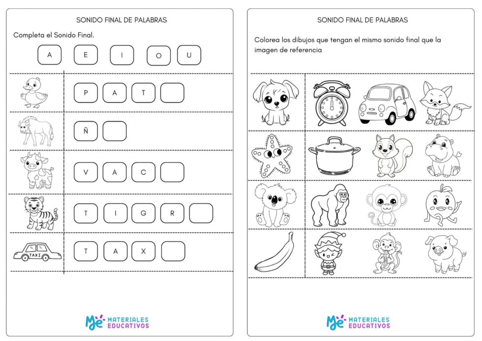 Sonido final de palabras, conciencia Fonologica - Materiales Educativos